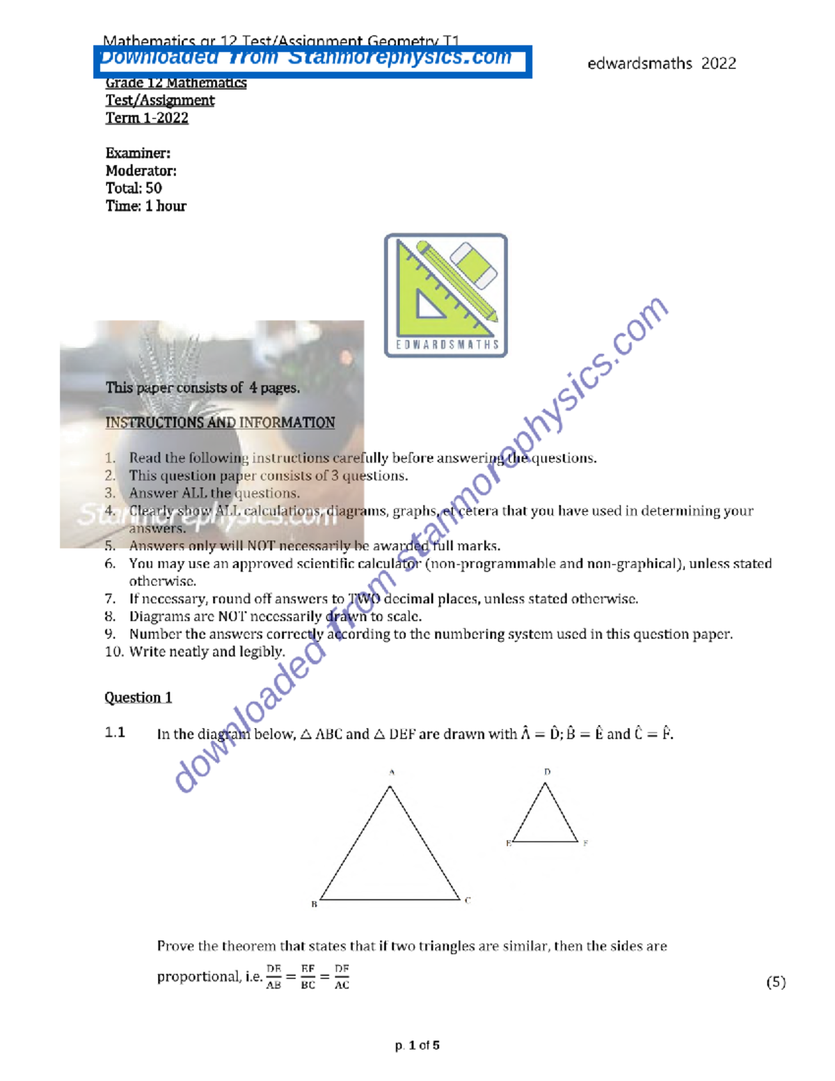 Grade 12 Maths Term 1 Geometry Investigation & Memo 2022 - Studocu