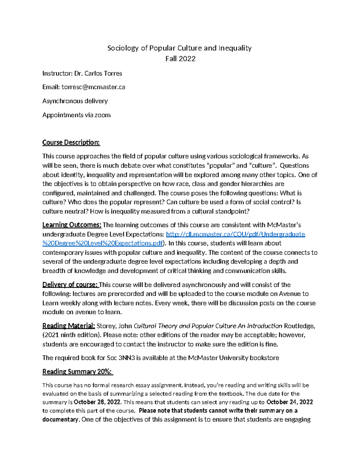 Sociol 3NN3: Sociology of Popular Culture & Inequality - Fall 2022 ...