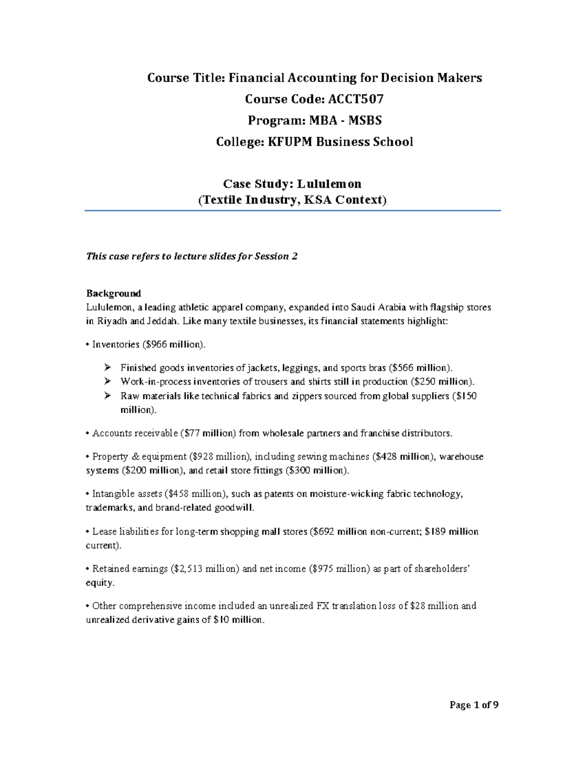 ACCT507 Case Study: Financial Analysis of Lululemon in KSA - Studocu
