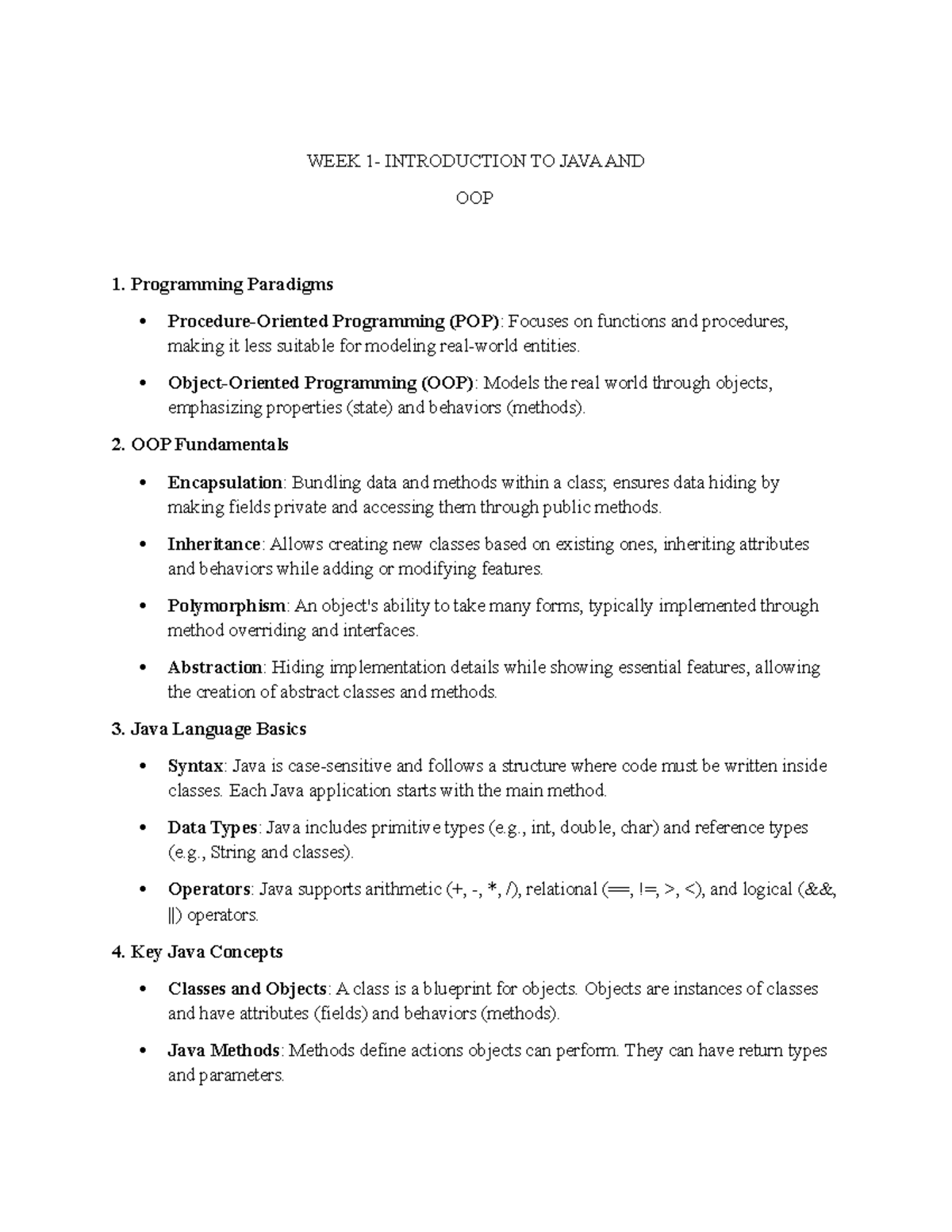 Cs101 Week 1 Introduction To Java And Oop Fundamentals Notes Studocu