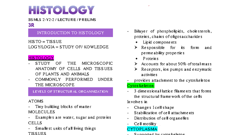 BSMLS LECTURE PRELIMS: Comprehensive Histology Study Notes - Studocu