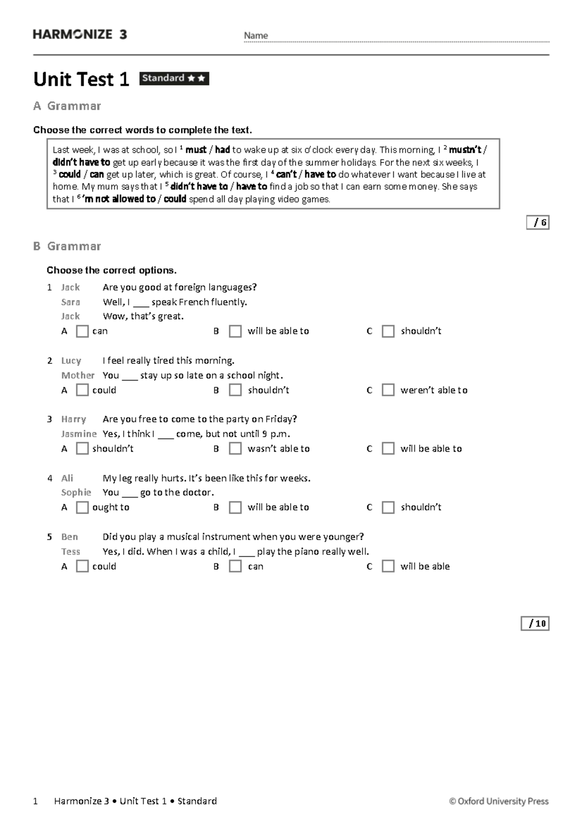 Harmonize 3 Unit Test 1: Grammar, Vocabulary, and Listening - Studocu