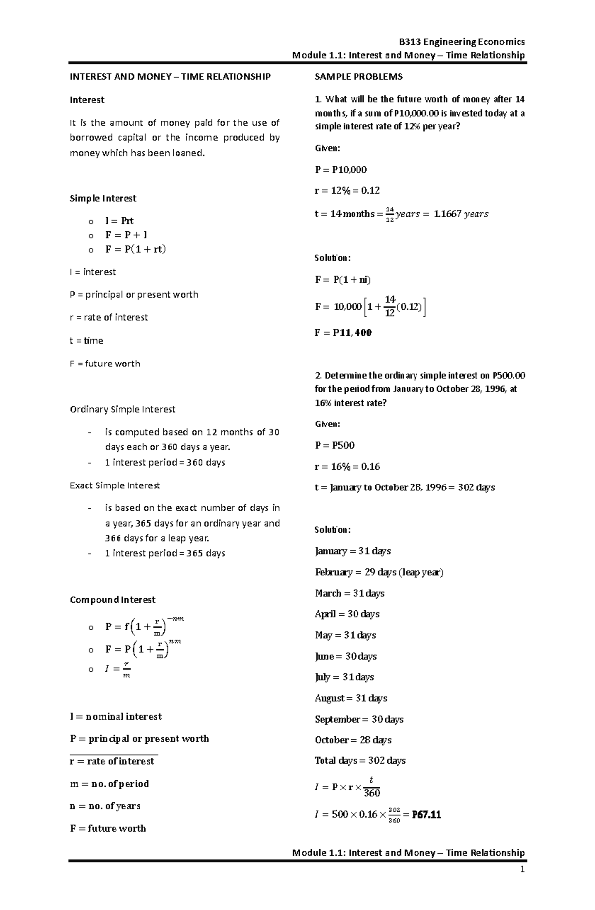 B313 Engineering Economics: Module 1.1 Interest & Money Time ...