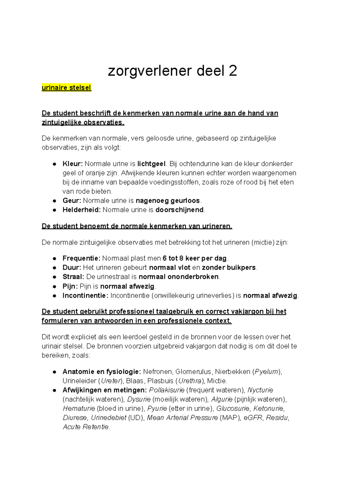 Zorgverlener Deel 2: Urinair en Digestief Stelsel Observaties - Studocu