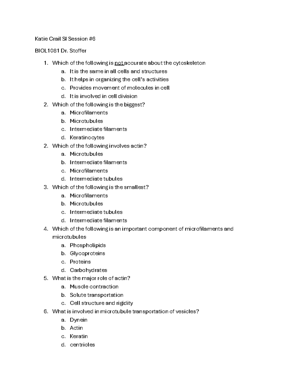 BIOL1081 Final Exam Review: Cytoskeleton & Cell Biology Concepts - Studocu