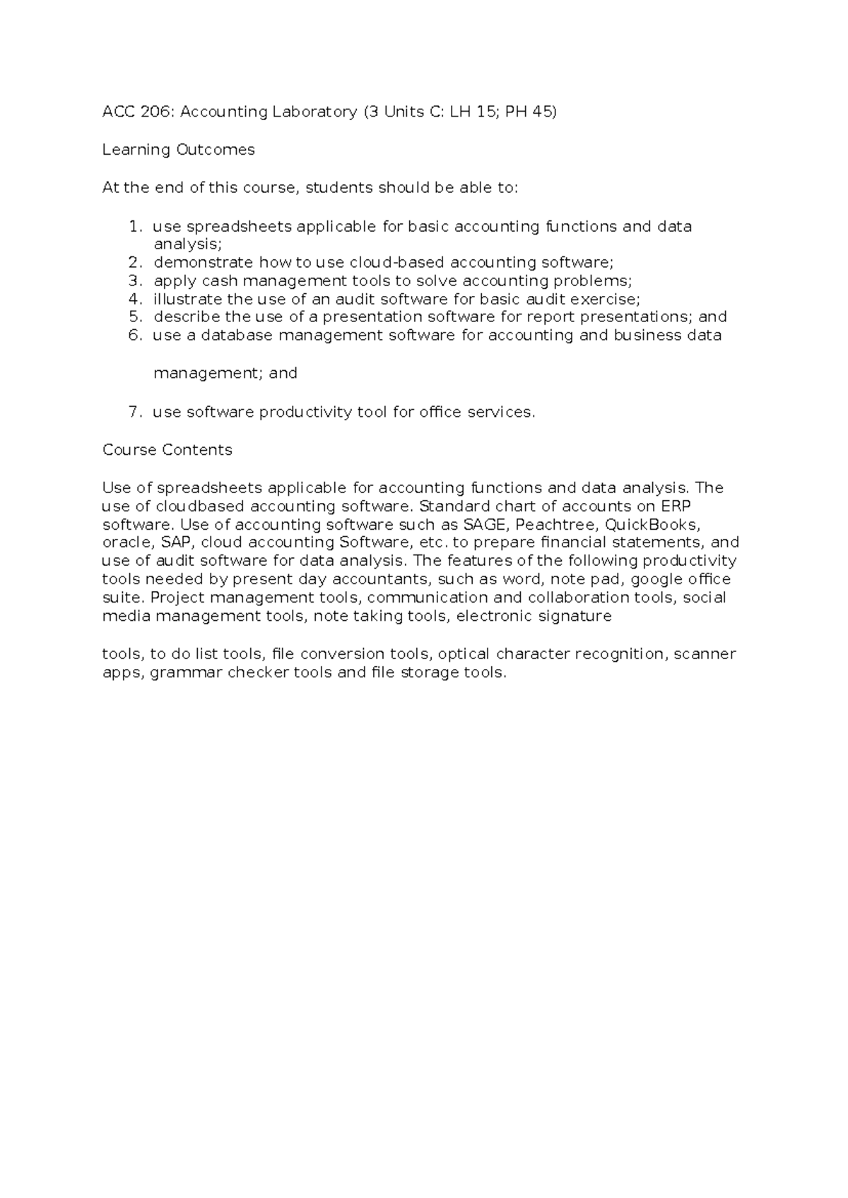 ACC 206: Accounting Lab Notes on Software Tools & Learning Outcomes ...