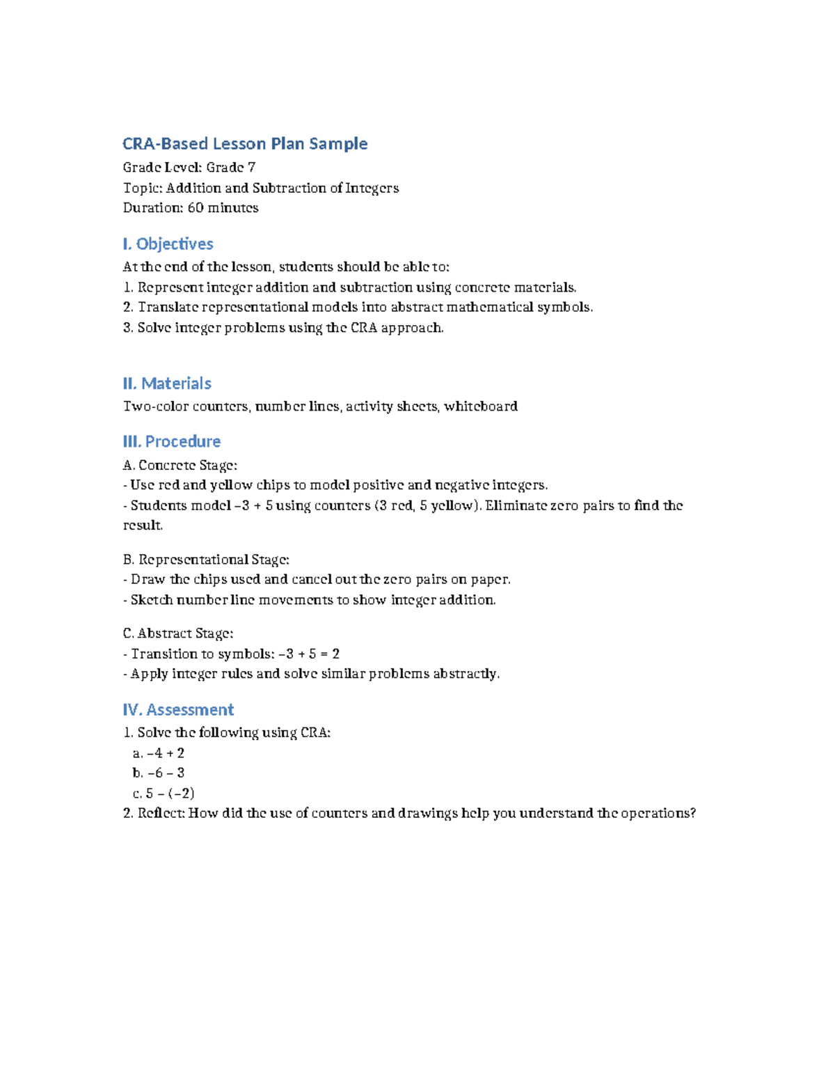 CRA Lesson Plan: Addition & Subtraction of Integers for Grade 7 - Studocu