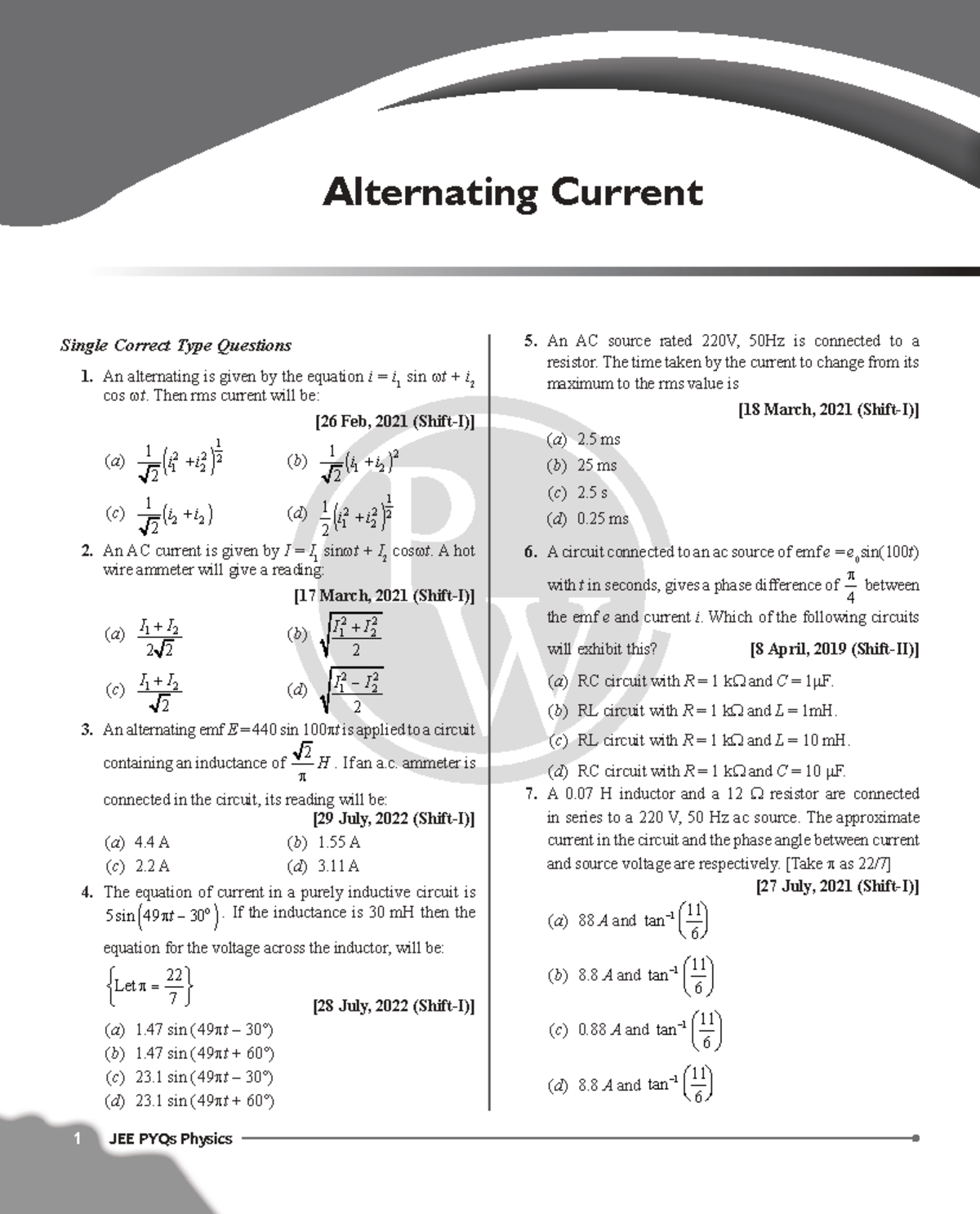 Alternating Current JEE PYQs Practice Sheet - Studocu