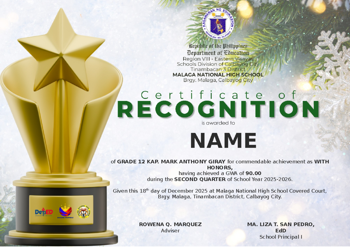 2nd- Quarter- Certificate - NAME JUAN DELA CRUZ Adviser MA. LIZA T. SAN ...