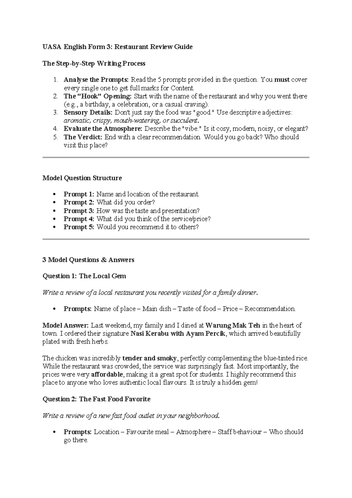 UASA English Form 3: Restaurant Review Writing Guide - Studocu