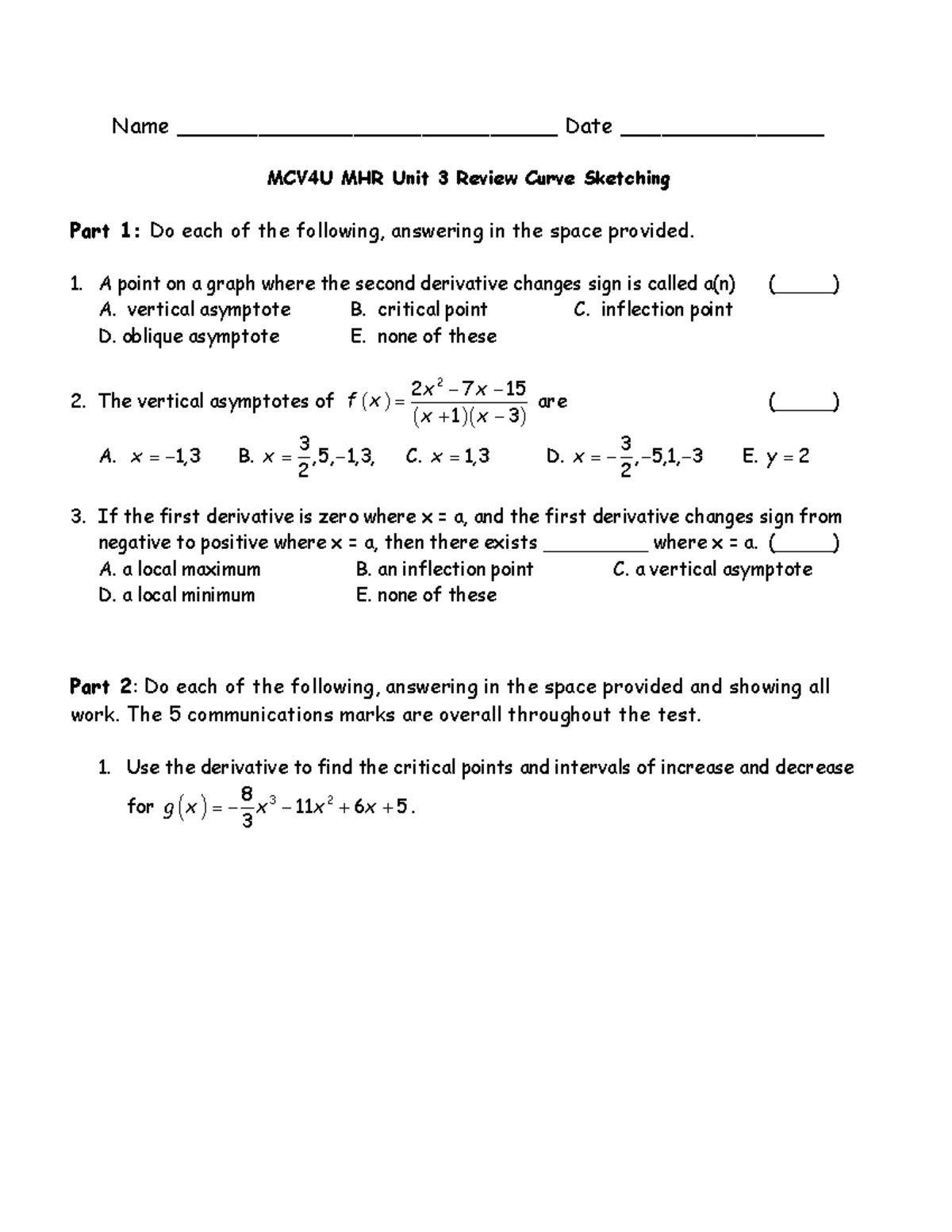 MCV4U Curve Sketching Review - Name ____________________________ Date ...