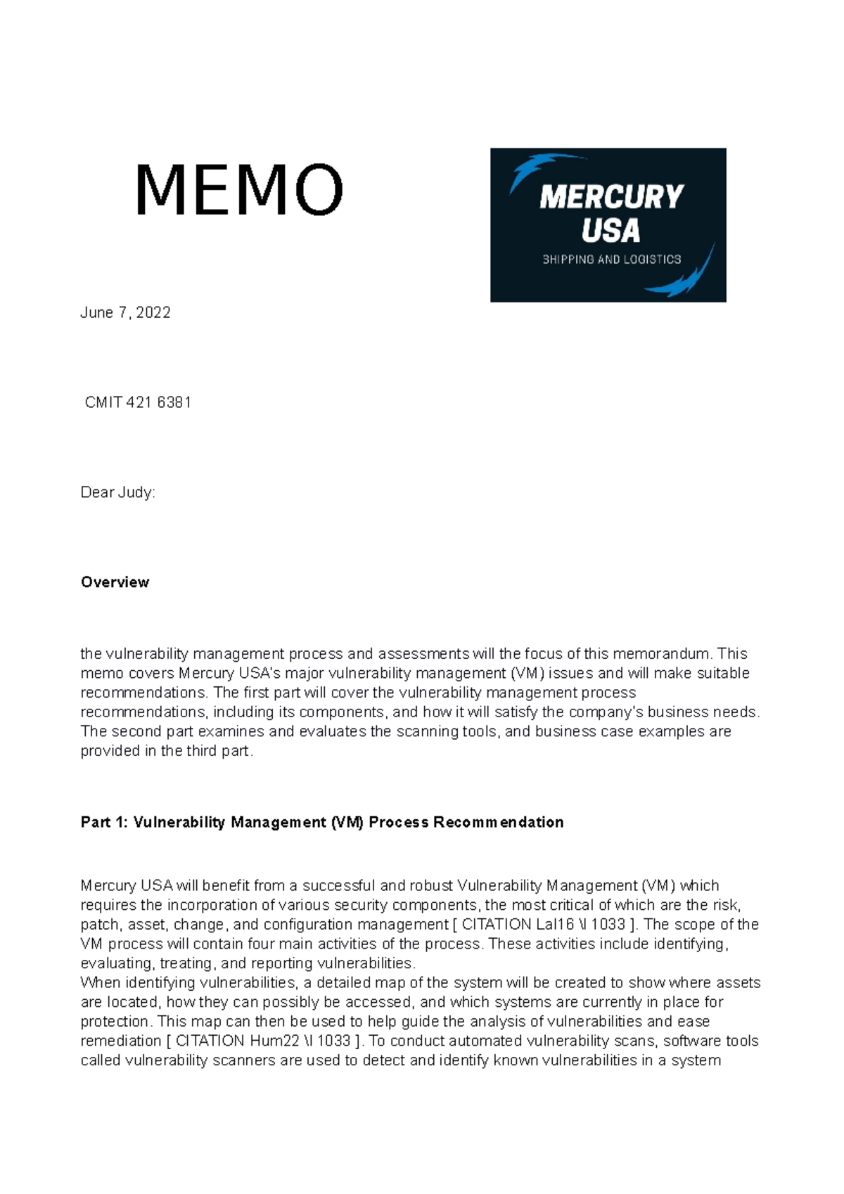 CMIT 421 6381: Vulnerability Management Process & Assessment Memo - Studocu