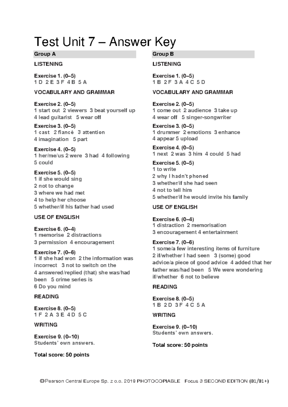 Focus 3 2E Test Unit 7 Answer Key and Solution Guide - Studocu