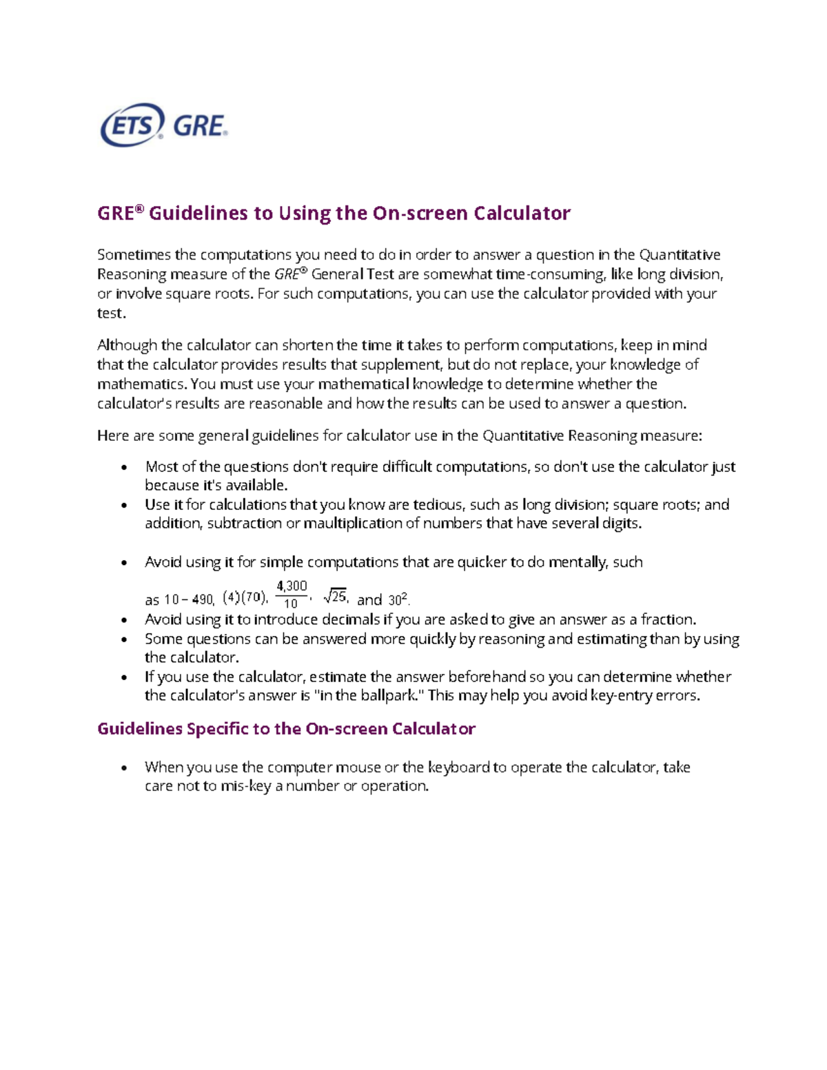On screen calculator guidelines - GRE® Guidelines to Using the On ...