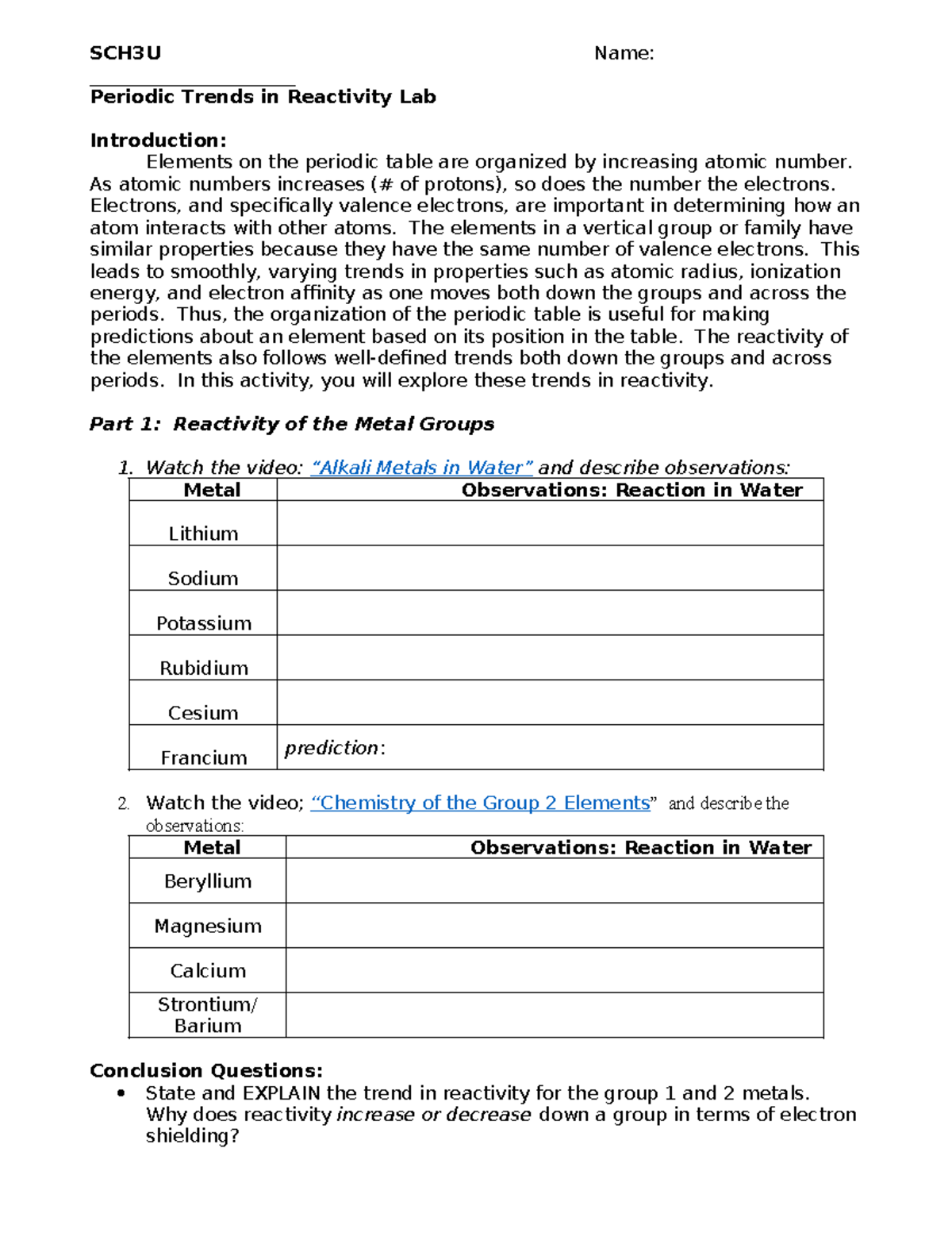 SCH3U Periodic Trends in Reactivity Lab Report and Observations - Studocu