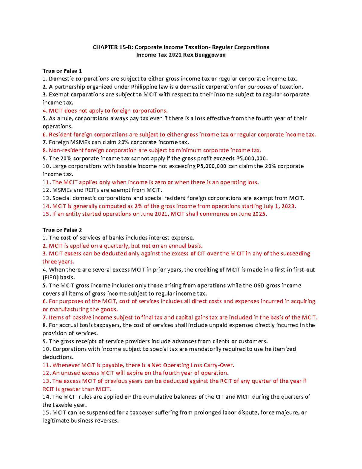 Chapter 15-B Income Tax 2021: Corporate Taxation Exam Key - Studocu