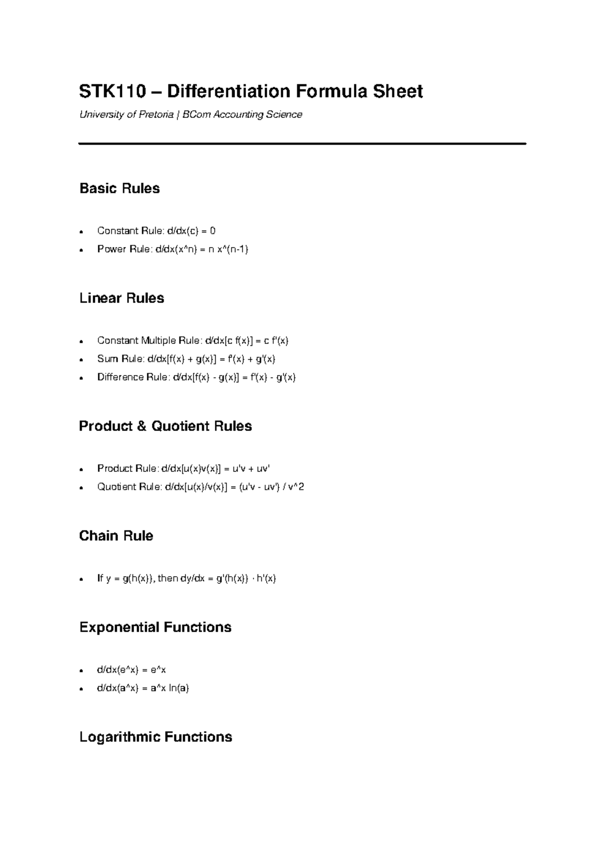 STK110 Differentiation Formula Sheet UP - STK110 – Differentiation ...