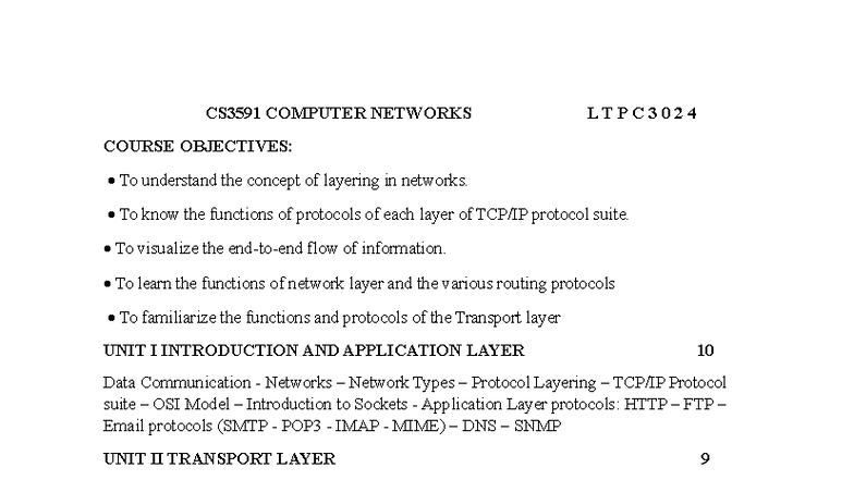 CS3591 Computer Networks Syllabus Overview and Objectives - Studocu
