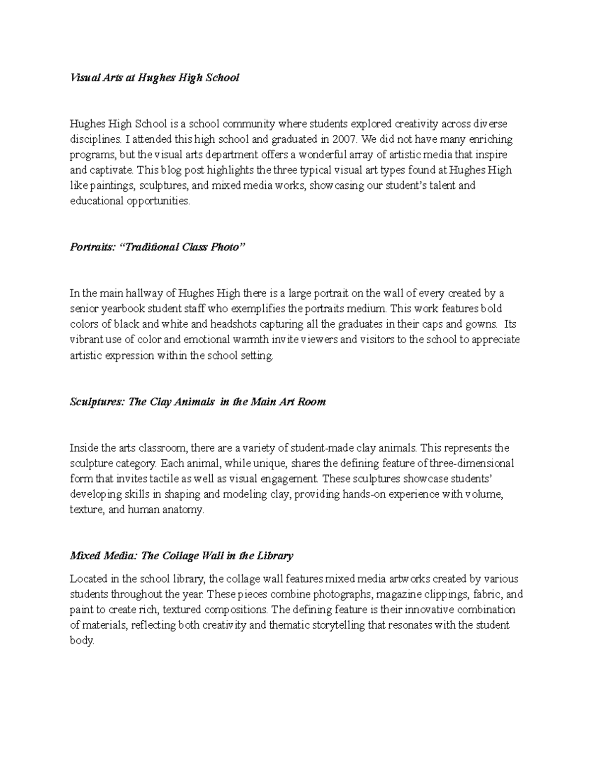 Visual Arts Showcase at Hughes High School: A Student Perspective - Studocu