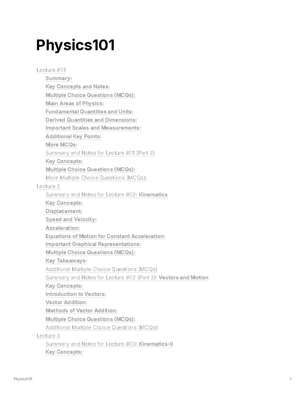 Phy101 Lecture Notes and MCQs for Lectures 1 to 8 - Studocu