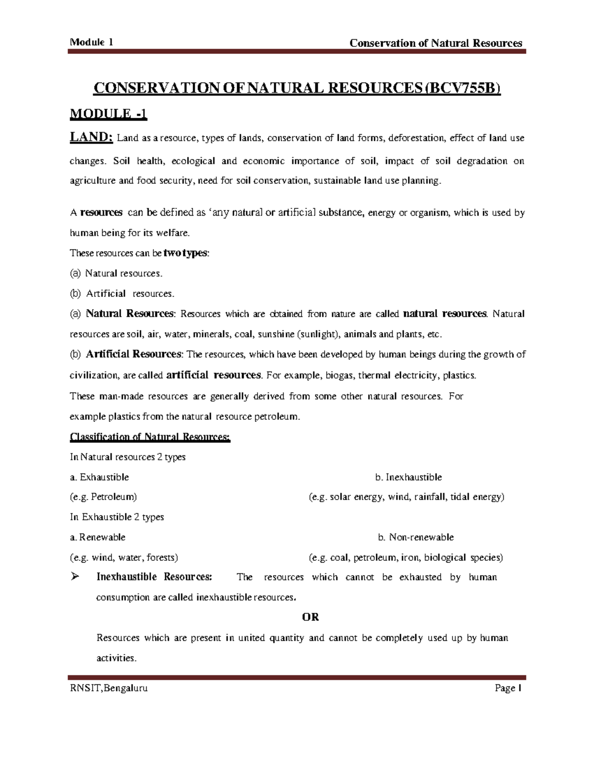 CNR-M-1: Conservation of Natural Resources - Module 1 Notes - Studocu