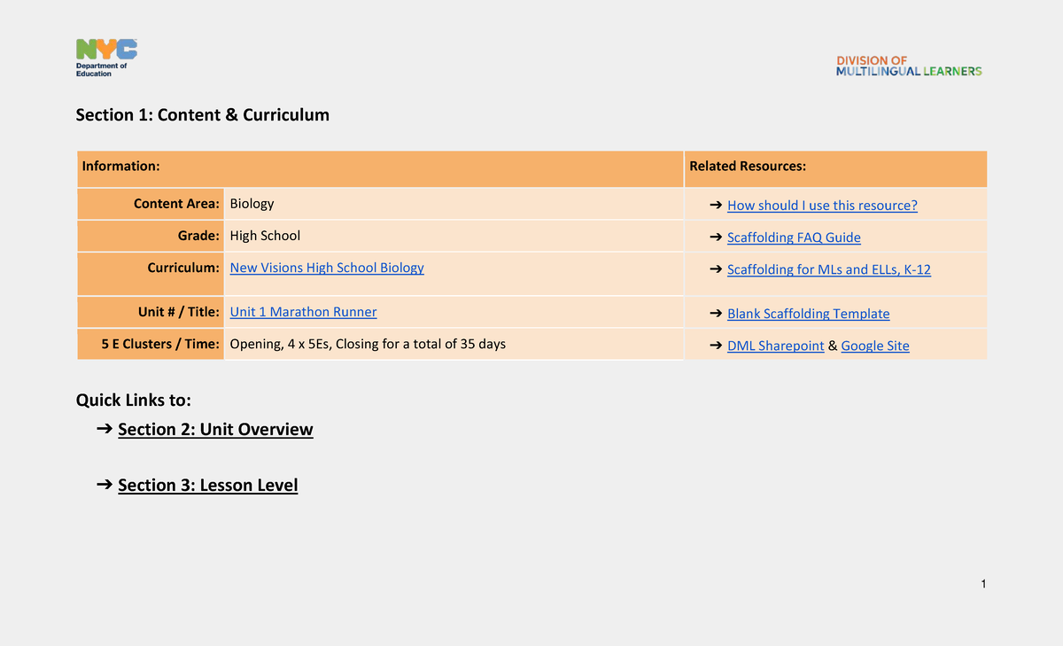 New Visions High School Biology - Unit 1: Marathon Runner ...