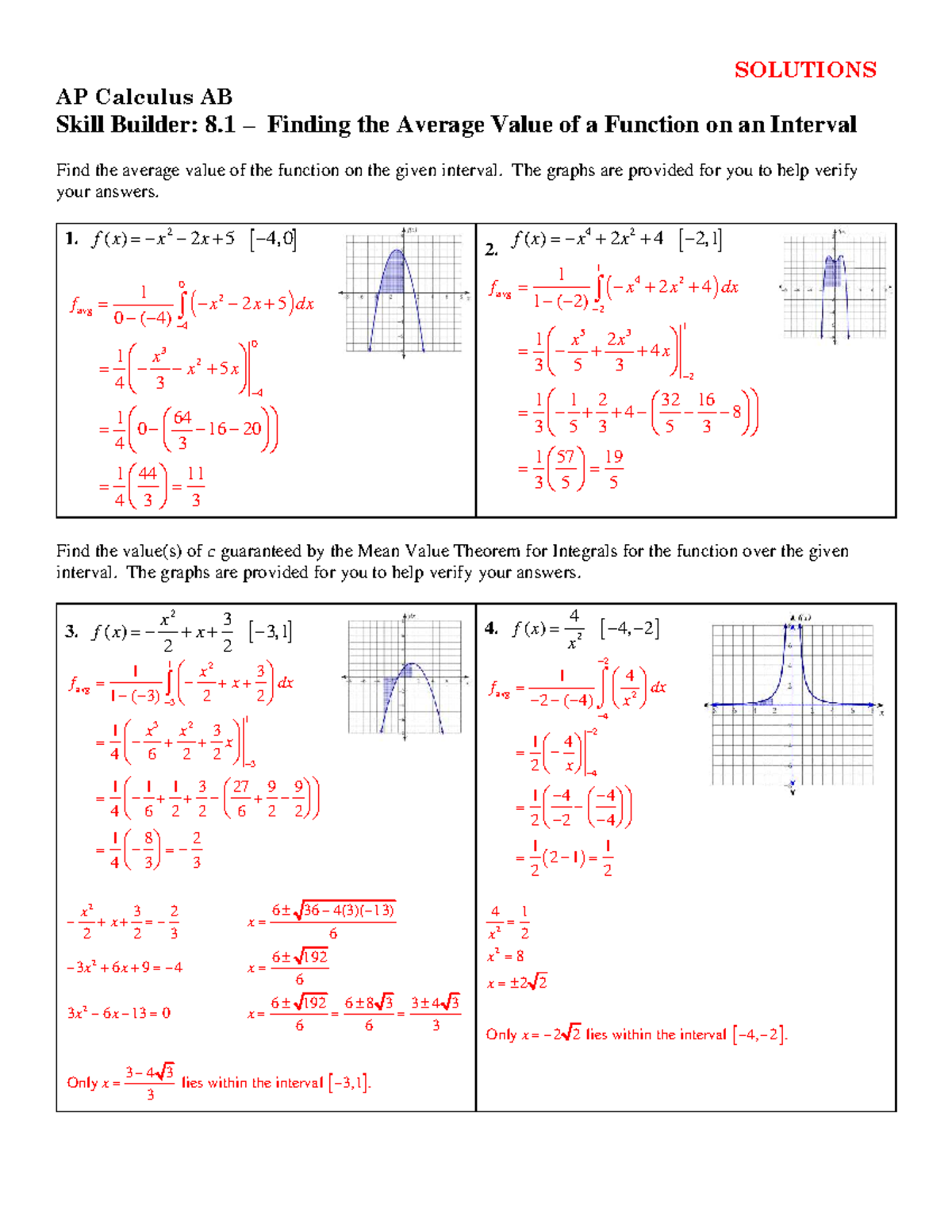 AP Calculus AB Skill Builder: Finding the average value of functions ...