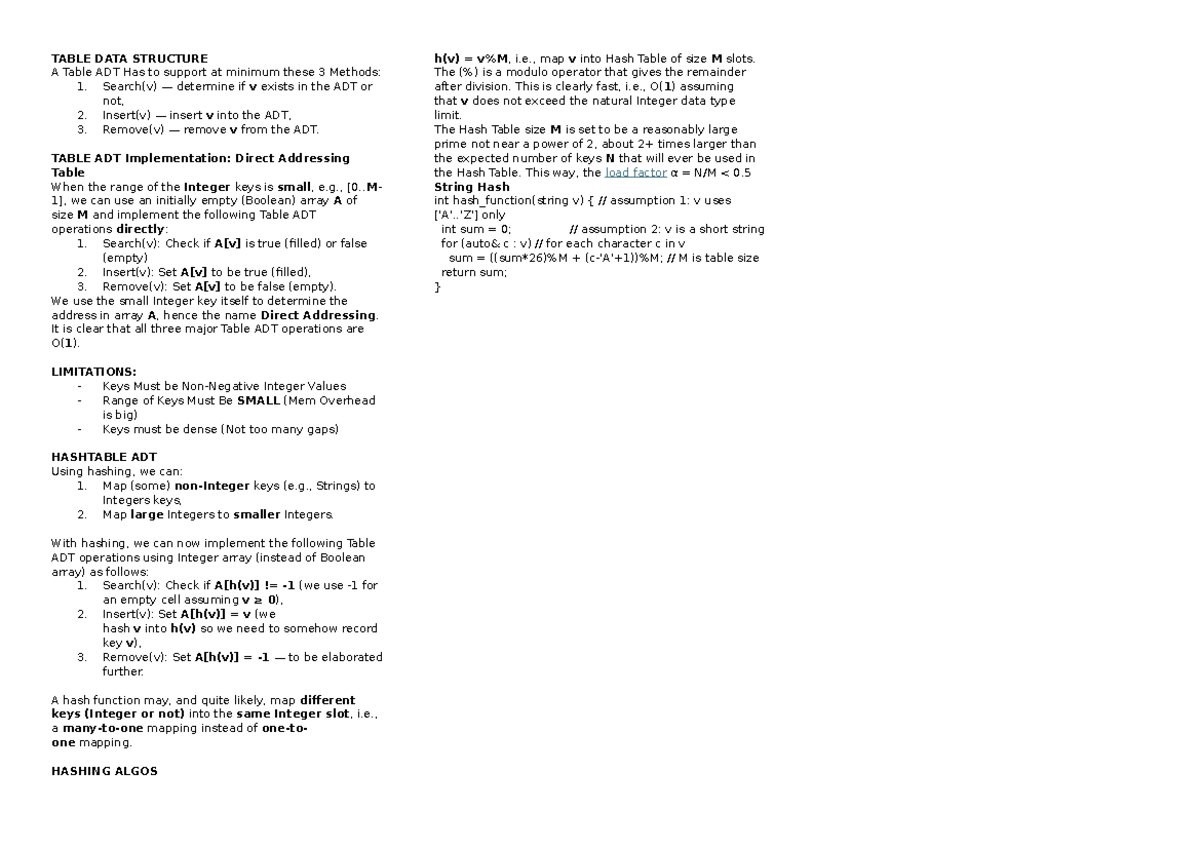 CS2040S Finals Cheatsheet - TABLE DATA STRUCTURE A Table ADT Has to ...