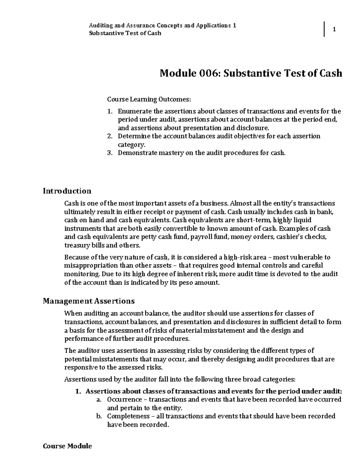 W7 Lesson 6: Comprehensive Guide to Substantive Test of Cash - Studocu