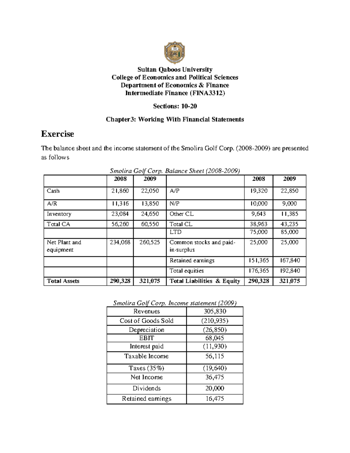 Exercise Chapter 3: Financial Statements Analysis (FINA3312) - Studocu