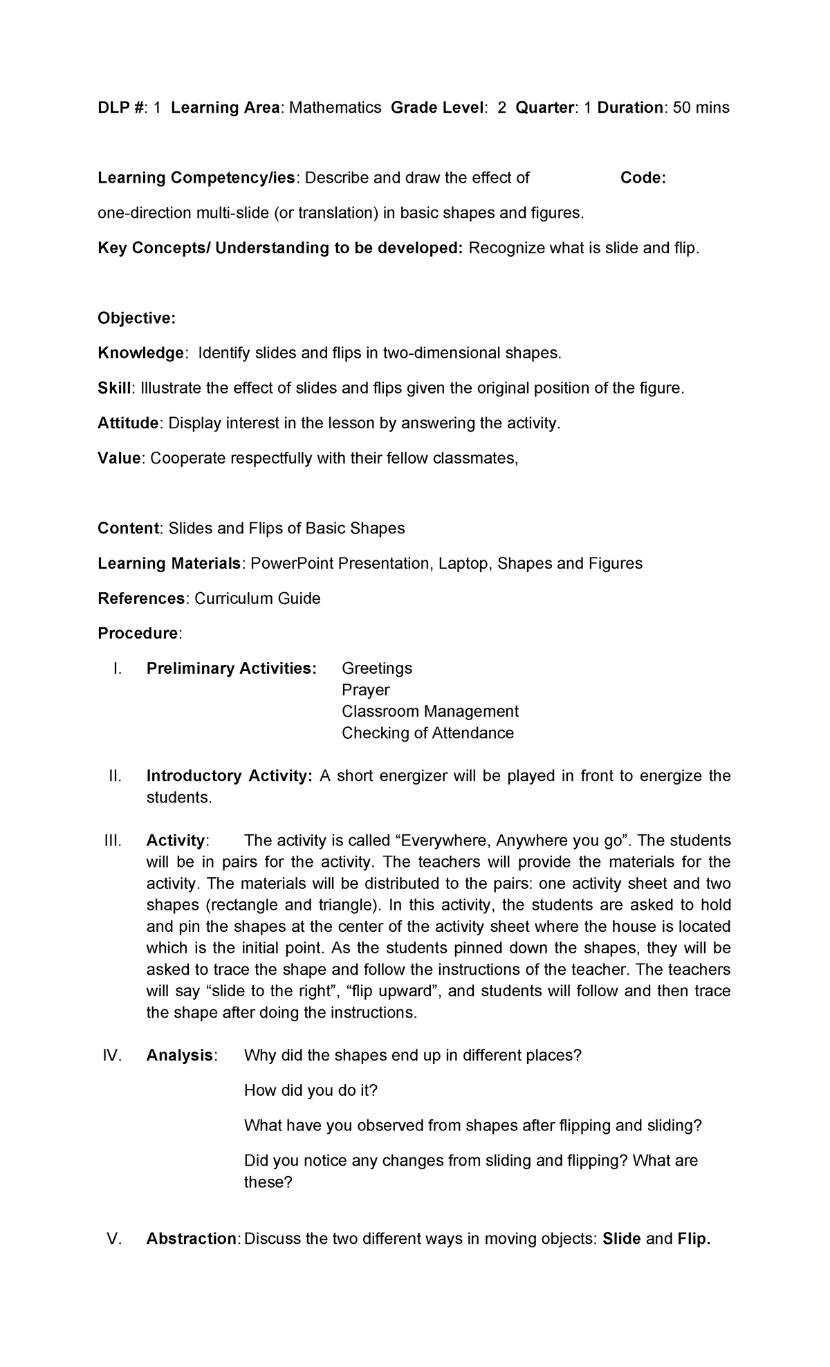 Math 2 Lesson Plan: Understanding Slides & Flips (Final) - Studocu