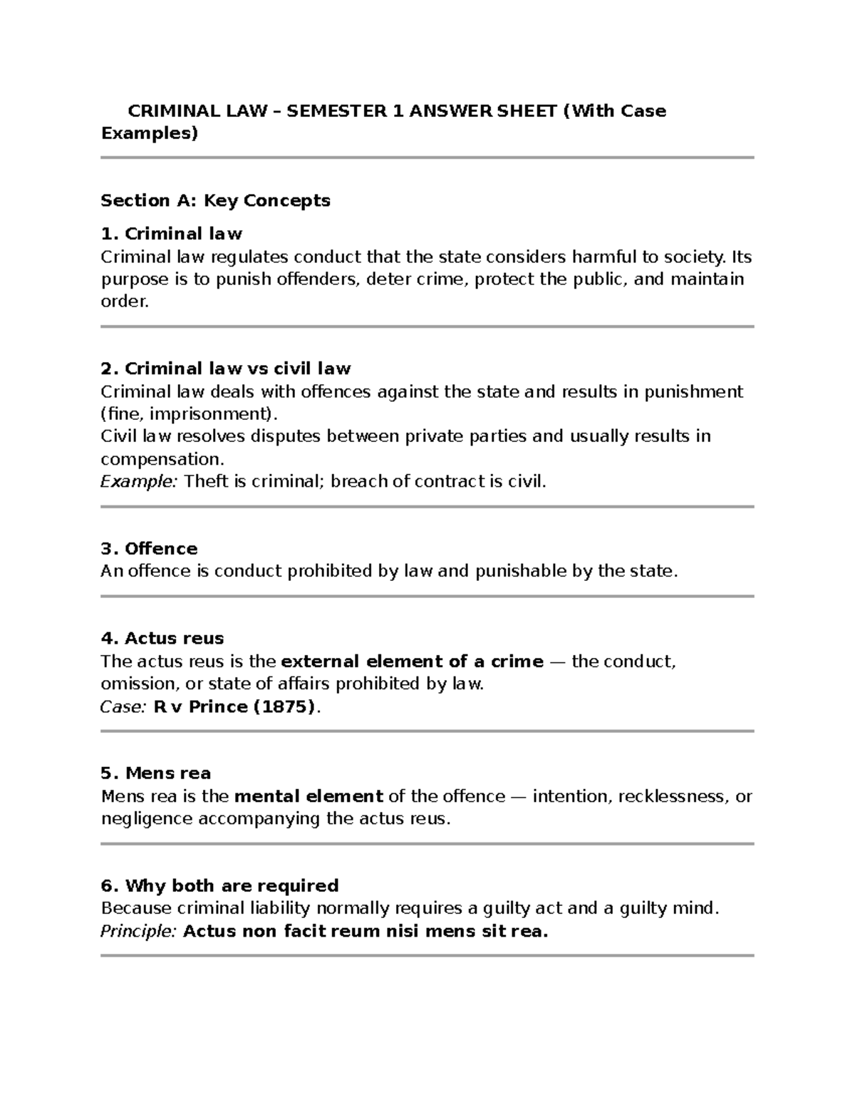 Criminal LAW SEM 1 Answer Sheet: Key Concepts & Case Examples - Studocu