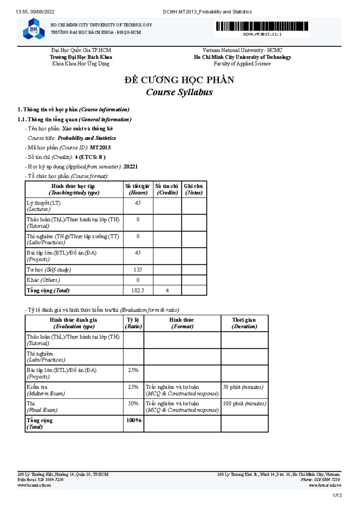 DCMH.MT2013 Probability and Statistics Course Syllabus Overview - Studocu