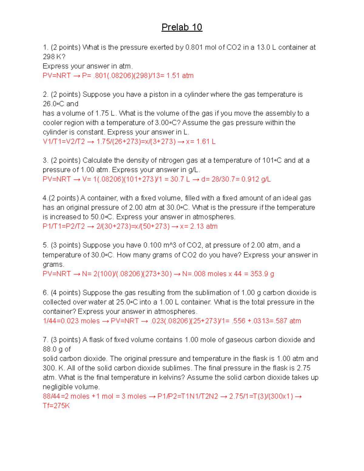 Prelab 10 - Gas Laws Calculations and Exercises (Chem 101) - Studocu