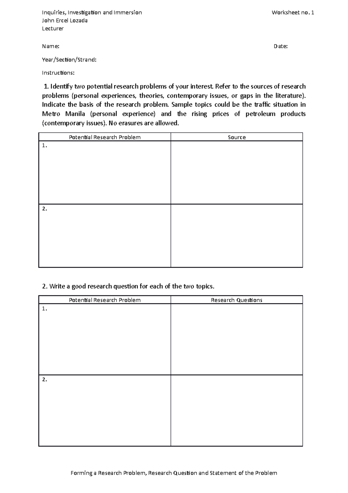III - Worksheet no. 1 - Identifying Research Problems & Questions - Studocu
