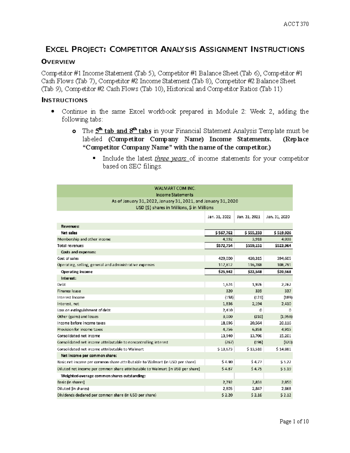 ACCT370Excel Project Pt 2 - EXCEL PROJECT: COMPETITOR ANALYSIS ...