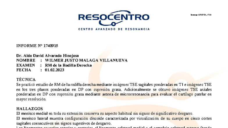 Informe RM Rodilla Derecha 1740915 - Dr. Aldo D. Alvarado - Studocu