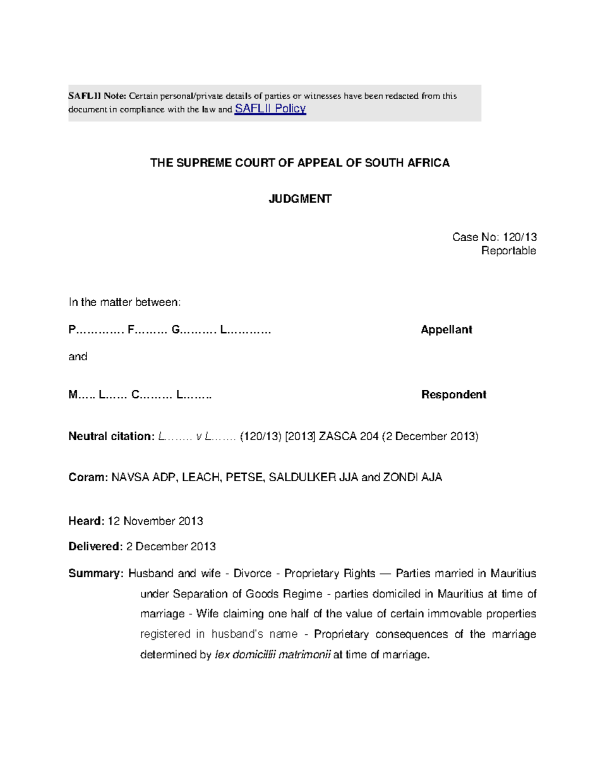 SAFLII Case No: ZASCA 204 - Divorce & Proprietary Rights Judgment - Studocu