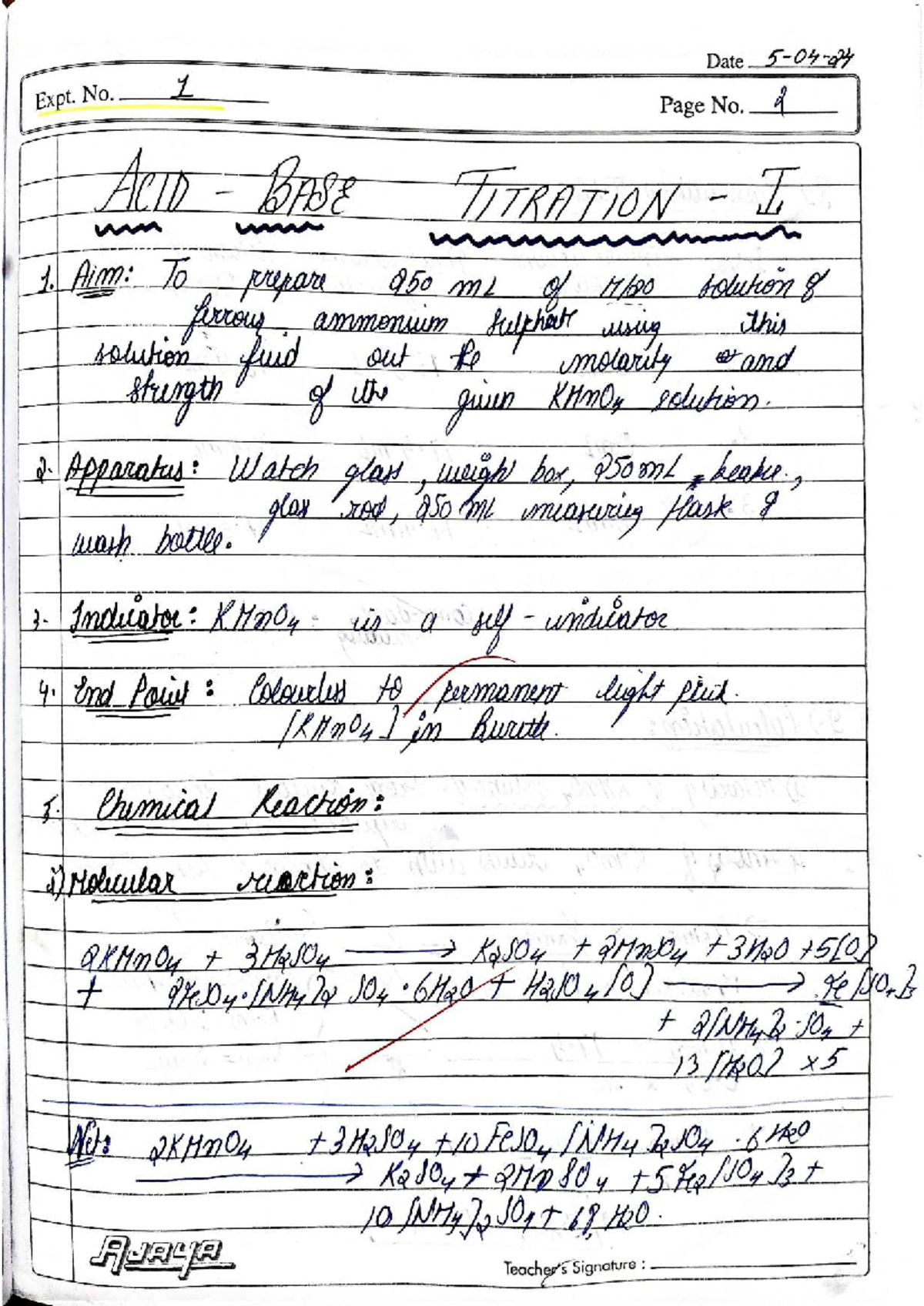 ACID-BASE TITRATION EXPERIMENTS (I-V) - Detailed Observations and ...