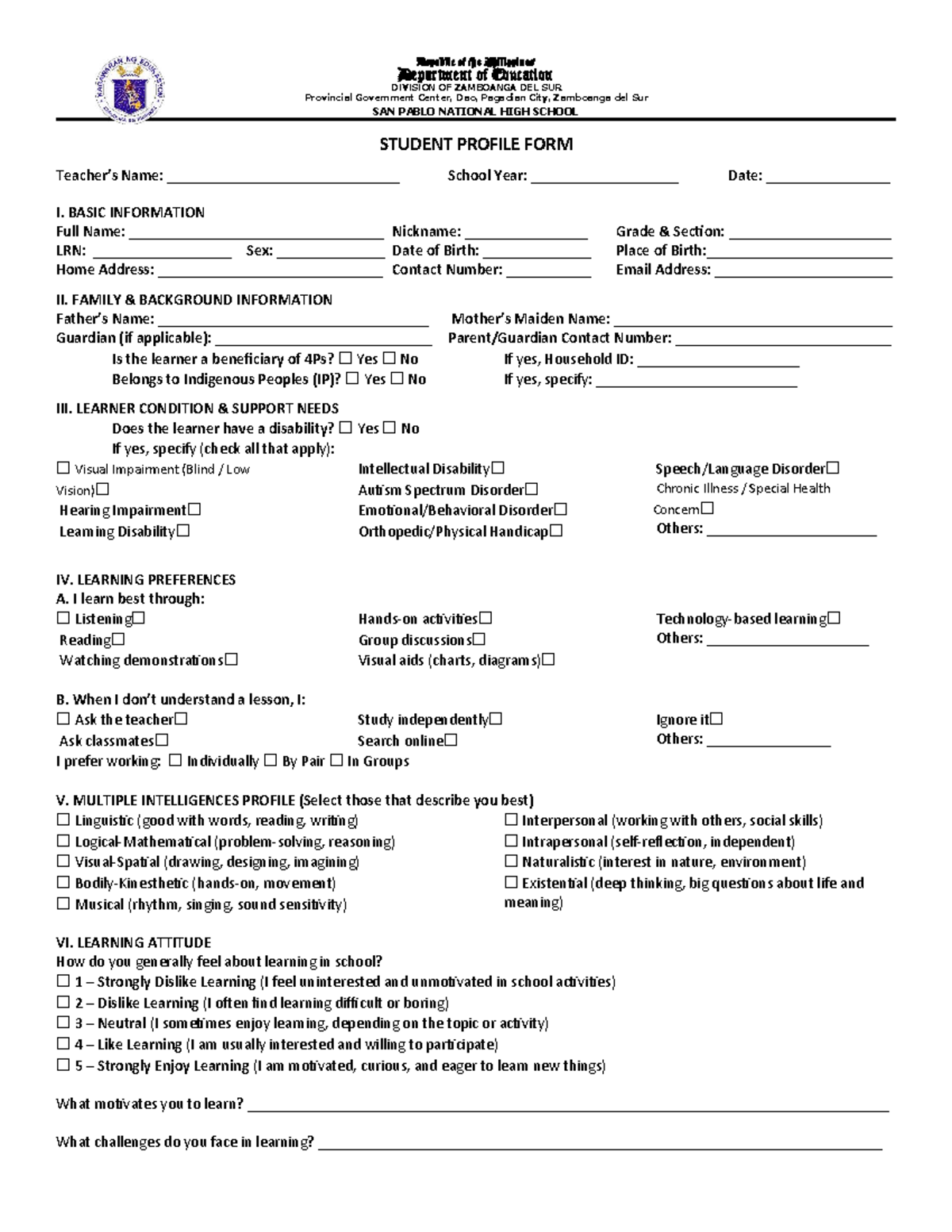 San Pablo National High School Learner Profile Form - Studocu