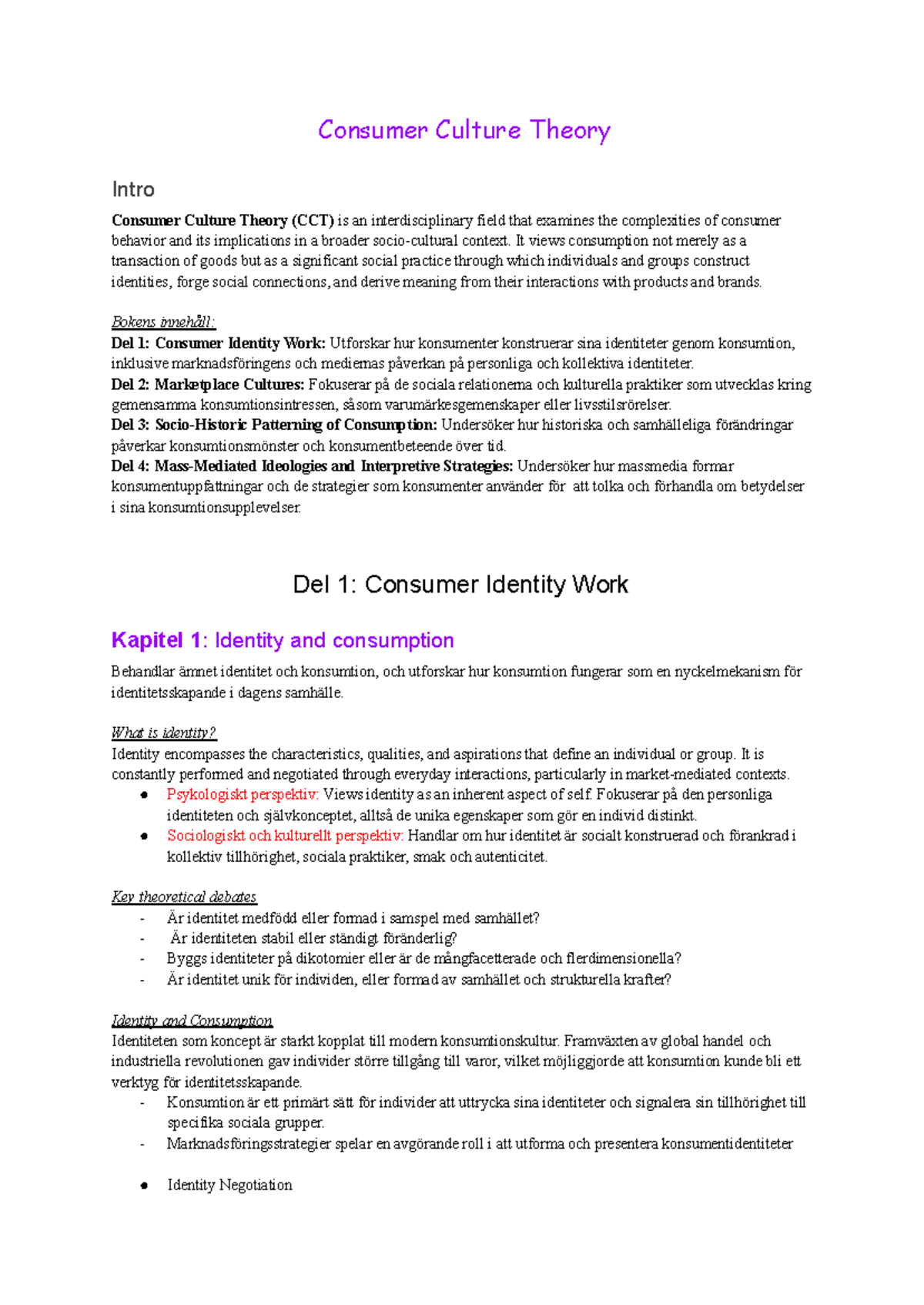 CCT-Anteckningar - Sammanfattning Consumer Culture Theory - Consumer ...