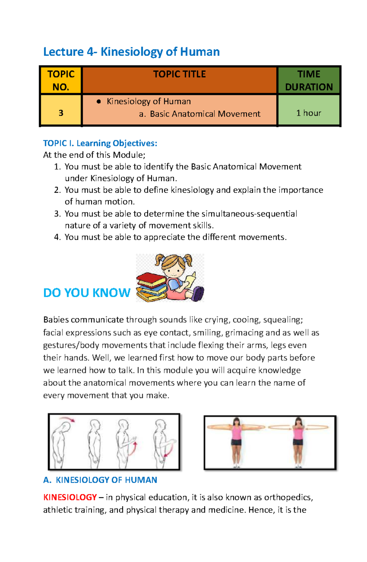 Lecture Kinesiology of Human: Basic Anatomical Movements - Studocu