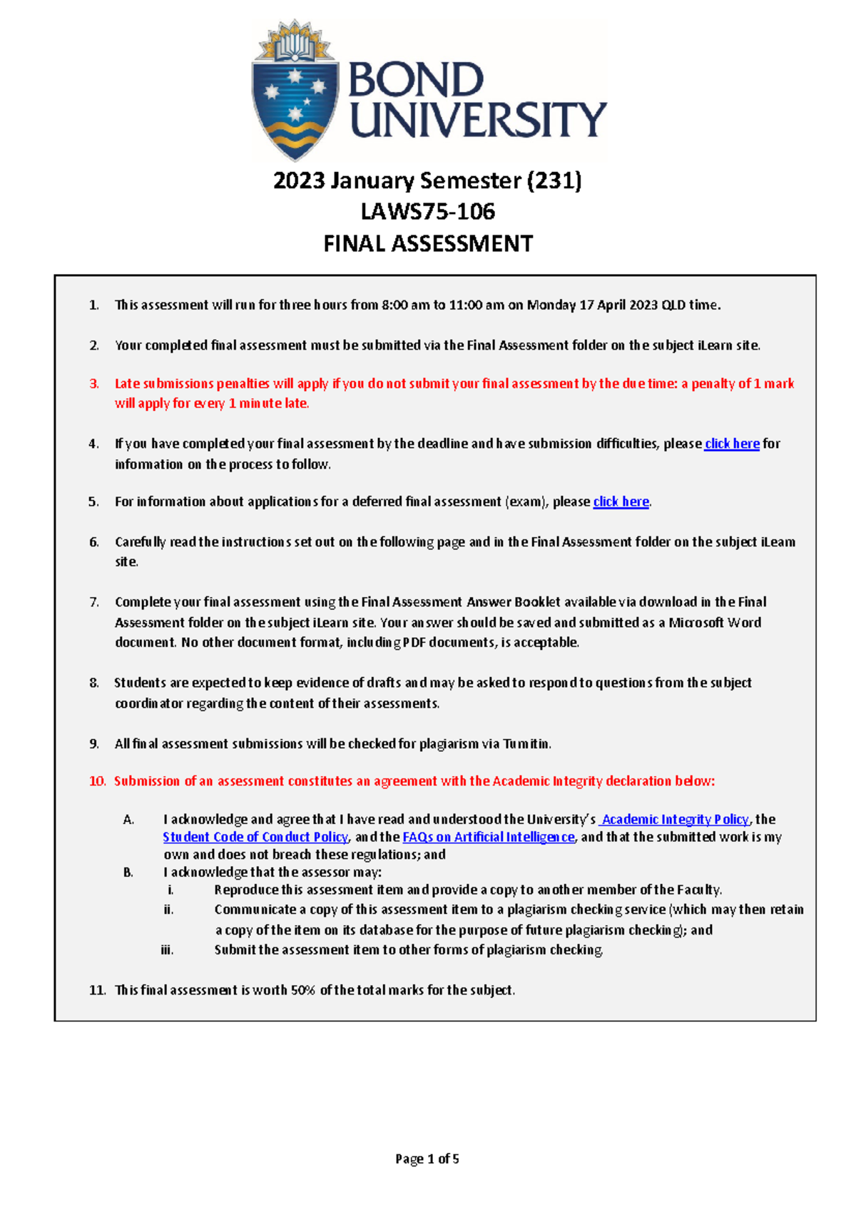 2023 January Semester (231) Final Assessment Instructions & Topics ...