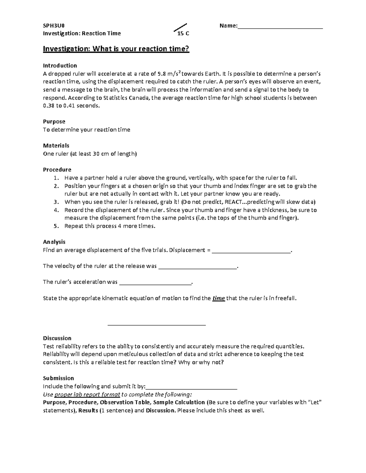 SPH3U0 - 3.4 Lab: Investigating Reaction Time with a Ruler Catch - Studocu