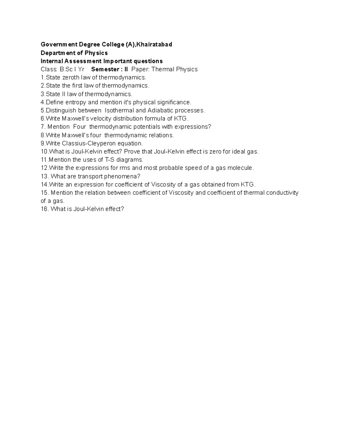 B.Sc I Yr II Sem Internal Assessment: Thermal Physics Key Questions ...