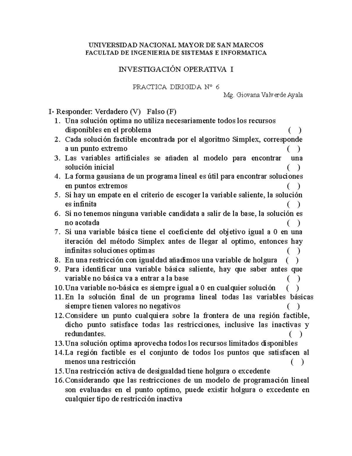 Practica N 6 Programaci n Lineal - UNIVERSIDAD NACIONAL MAYOR DE SAN MARCOS FACULTAD DE ...