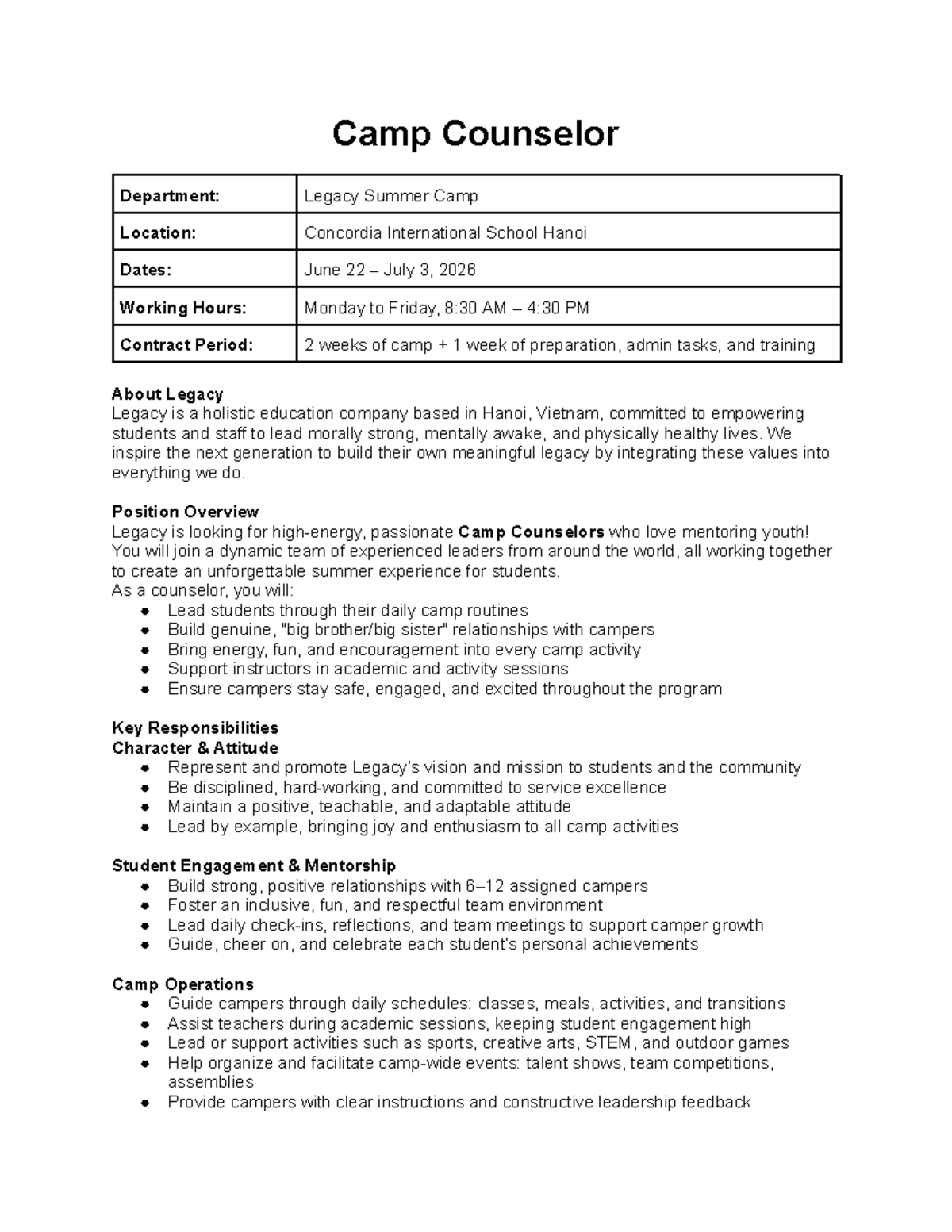 JD Camp Counselor - Legacy Summer Camp 2026 - Studocu