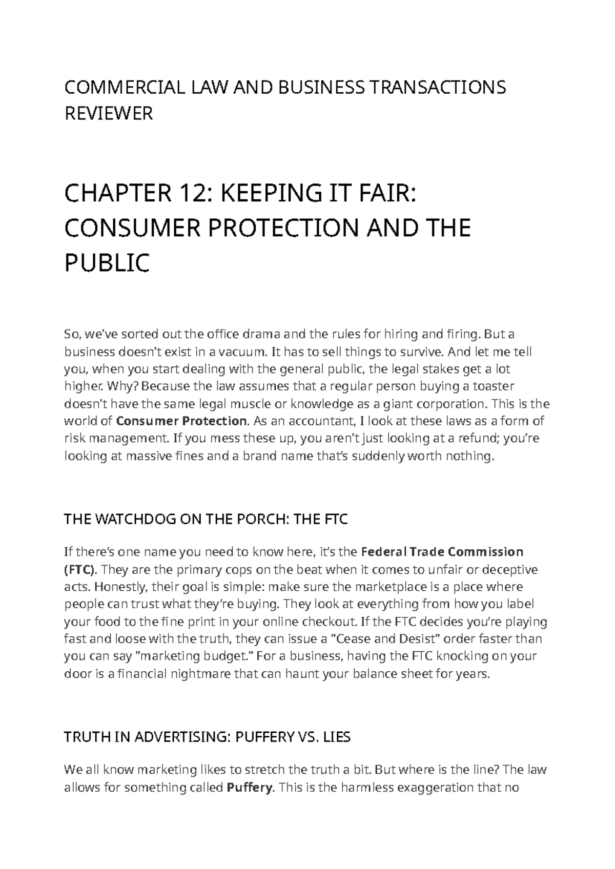 COMMERCIAL LAW AND BUSINESS TRANSACTIONS REVIEWER: CH 12 CONSUMER ...