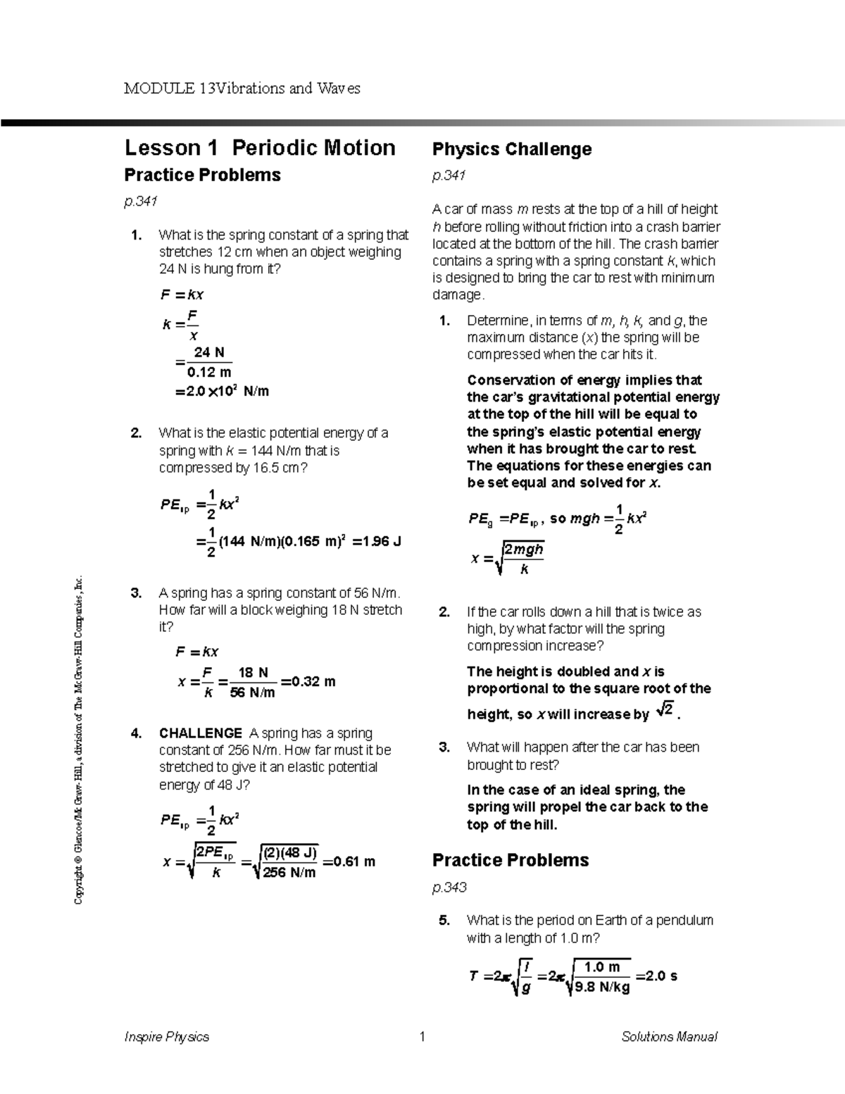 Physics 1 Lesson 1: Vibrations and Waves Practice Problems and Concepts ...