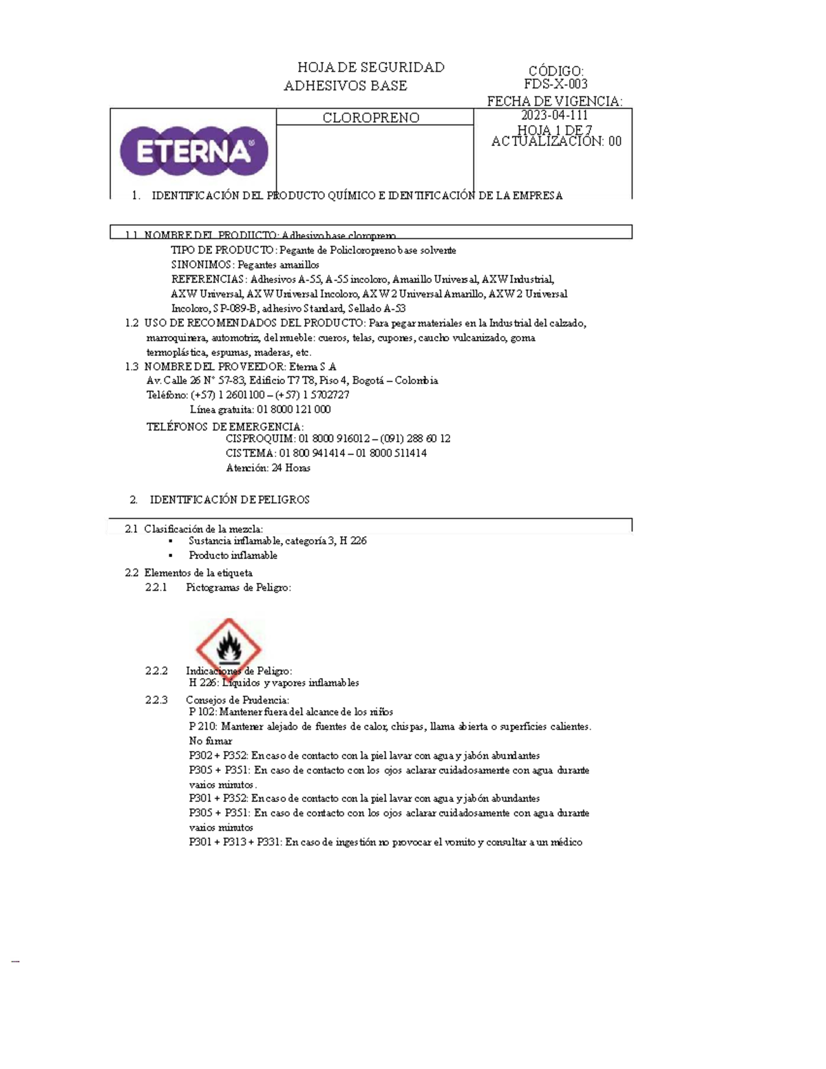 Hoja de Seguridad: Adhesivo Base Cloropreno - ETERNA - Studocu